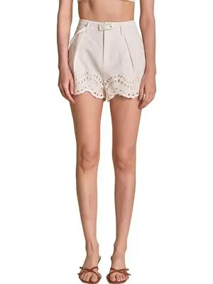 Endless Rose Belted Eyelet Embroidered Cotton & Linen Shorts - White