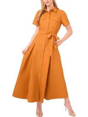 Ted Baker London Box Pleat Tie Belt Cotton Maxi Shirt Dress - Honey Ginger