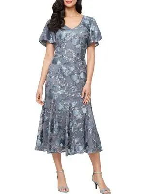 Alex Evenings Sequin Embroidered Floral Cocktail Dress - Steel