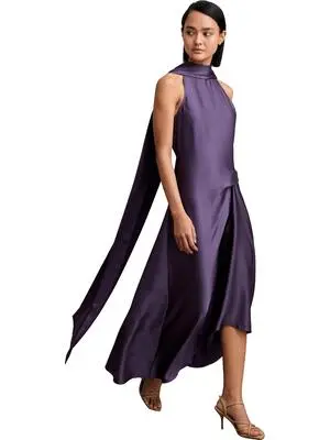 REISS Michelle Satin Tuck-detail Cape Midi Dress - Purple