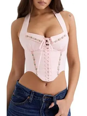 House Of Cb Embroidered Tie Front Corset - Pink