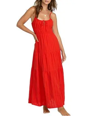 BILLABONG Tiered Cotton Maxi Sundress - Red Aloha