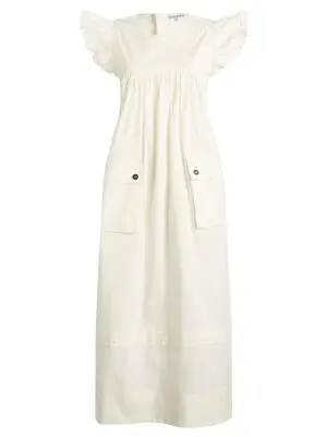 GANNI Stretch Cotton Frill Sleeve Dress - Egret
