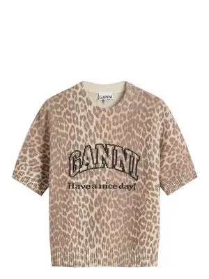 GANNI Graphic Wool Mix Printed T-shirt - Leopard
