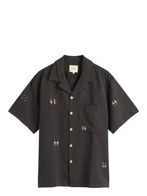 Folk Relaxed Soft Collar Vacation Shirt - Soft Black Scattered Embroidery