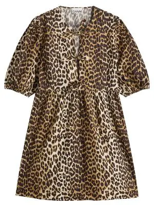 GANNI Printed Cotton Mini Dress With Tie String - Leopard