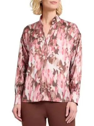 Misook Brushstroke Print Crêpe De Chine Button-up Shirt - Honey Suckle/ Charmeuse/ Multi