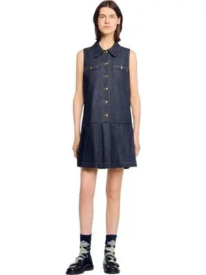Sandro Sleeveless Denim Mini Shirt Dress - Deep Blue