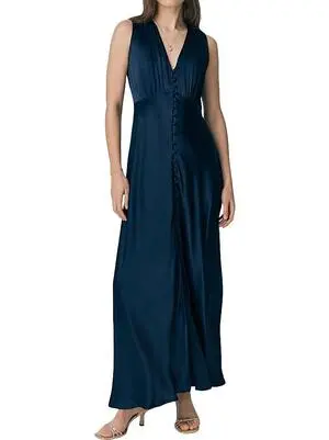 GHOST LONDON River V-Neck Button Satin Maxi Dress Blue