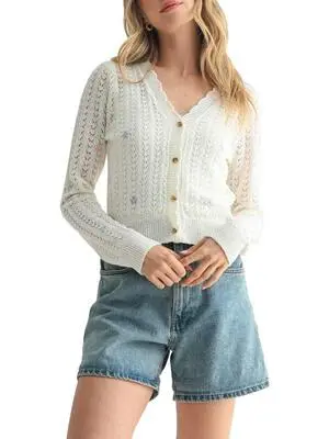 ALL IN FAVOR Pointelle Floral Cardigan - Ivory