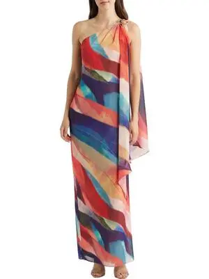 VINCE CAMUTO Abstract Stripe One-Shoulder Chiffon Gown