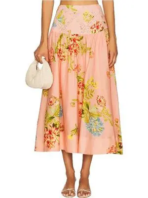 Hemant & Nandita Midi Skirt With Floral Print And Lace Trim - Blush