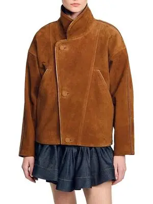 Sandro Oversized Suede Jacket - Brown