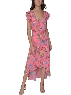 Karl Lagerfeld Paris Floral High-low Dress With Flutter Sleeves - Pink Sherbet Combo