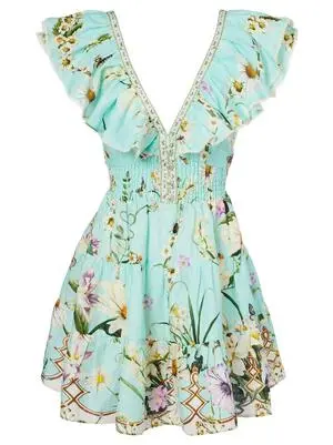 Camilla Floral Embellished Linen Minidress - Blue