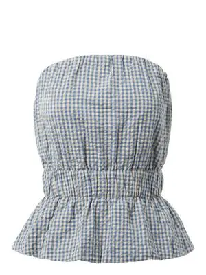 Posse Aurelia Gingham Strapless Cotton Top - Blue