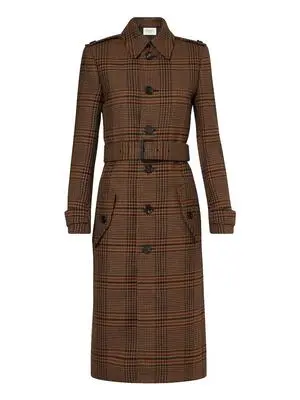 Saint Laurent Belted Prince Of Wales Wool Coat - Brown