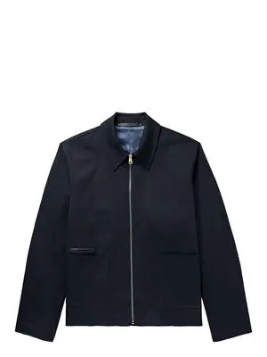 Paul Smith Leather-Trimmed Cotton-Blend Twill Harrington Jacket Navy