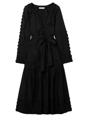 Ulla Johnson Emera Belted Appliquéd Cotton-voile Midi Dress - Black