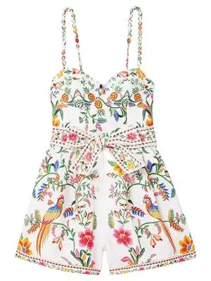 Farm Rio Floral-print Linen Playsuit - White
