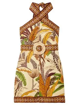 Farm Rio Belted Printed Linen Halterneck Mini Dress - Neutrals