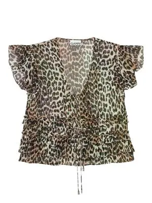 GANNI Leopard-print Ruffled Blouse - Neutrals