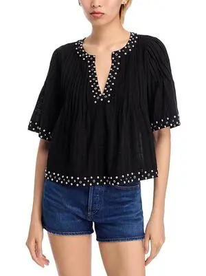 Aqua Studded Pintucked Top - Black