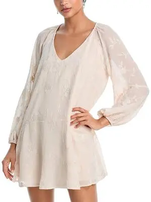 Aqua X Ava Phillippe Embroidered Chiffon Mini Dress - Buff
