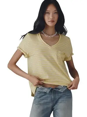 PILCRO The Quinn Short-sleeve V-neck T-shirt - Acacia/vanilla Stripe