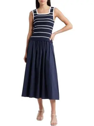 ZOE AND CLAIRE Mixed Media Sleeveless Midi Dress - White/ Navy