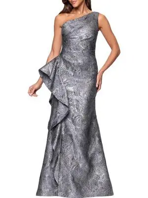 XSCAPE EVENINGS Metallic Ruffle One-shoulder Jacquard Mermaid Gown - Gunmetal