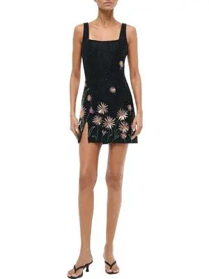 Staud Floral Beaded Minidress - Dahlia Daydream Black