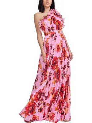 Dress The Population Vida Ruffle & Pleat Evening Gown - Bright Rose