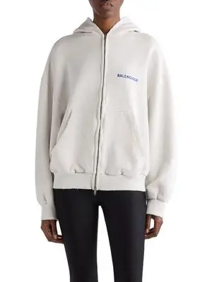Balenciaga Logo Embroidered Distressed Zip Hoodie - 8016 Dirty Wht/ Sport Blue