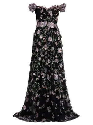 Rickie Freeman For Teri Jon Embroidered Off-shoulder Tulle Gown - Black Mult