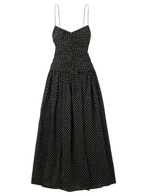 Matteau Gathered Polka-dot Organic Cotton And Silk-blend Midi Dress - Black