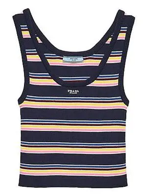 Prada Brand-embroidered Striped Cotton Tank Top - Blue