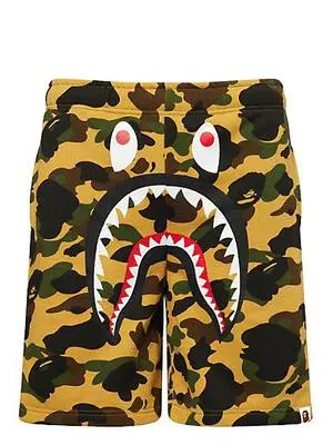A BATHING APE Camo Shark Print Sweat Shorts - Yellow Camo