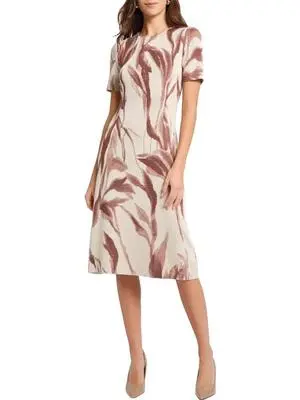 Misook Botanical Jacquard A-line Dress - Biscotti/ Charmeuse/ Truffle