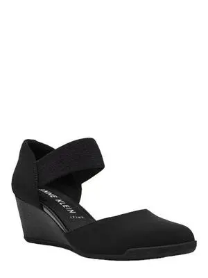 Anne Klein Ankle Strap Wedge Pumps - Black Stretch