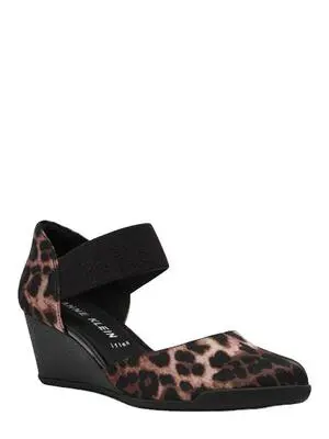 Anne Klein Ankle Strap Wedge Pumps - Leopard Satin