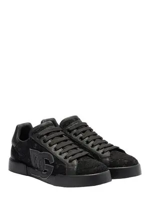 Dolce & Gabbana Portofino Lace-trimmed Leather Sneakers - Black