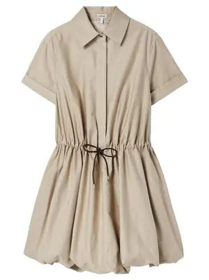 Loewe Leather-trimmed Gathered Mini Shirt Dress - Neutrals
