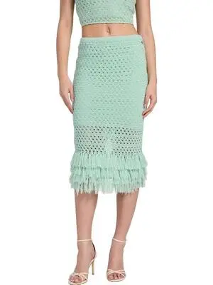 Guess Luca Fringe Hem Open Stitch Midi Skirt - Saturn Green A809