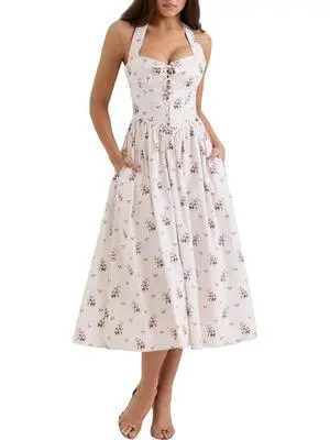 House Of Cb Emiliana Floral Corset Halter Midi Dress - Berry Spot Cream