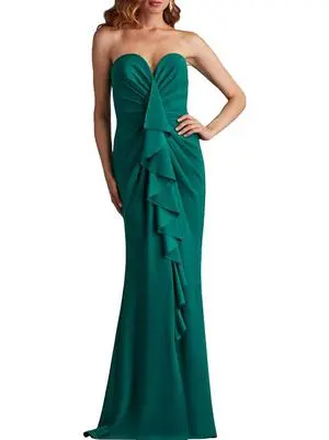 Tadashi Shoji Strapless Ruffle Front Gown - Emerald