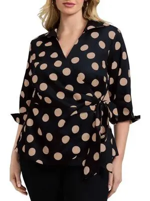 Foxcroft Salina Polka Dot Cotton Wrap Top - Black/ Almond