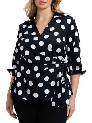 Foxcroft Salina Polka Dot Cotton Wrap Top - Black/ White