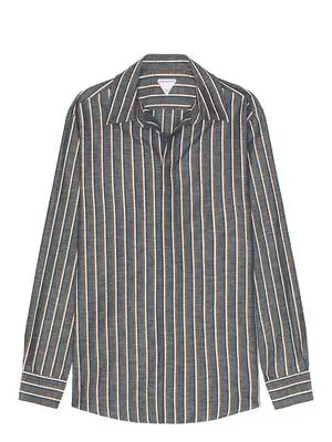 Bottega Veneta Bold Botton Linen Stripe Shirt In Blue - Blue  Khaki  & Black