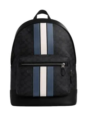 COACH® Signature Canvas West Backpack With Varsity Stripe - Signature Canvas/gunmetal/charcoal/denim/chalk